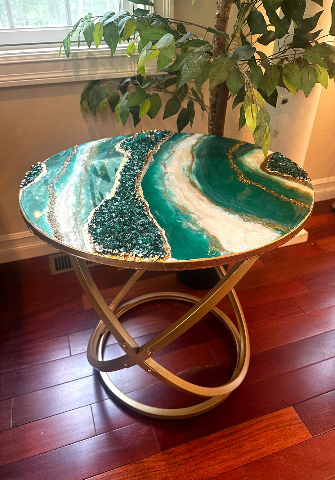 Handmade Emerald Green Resin Agate Table - Gold Legs, Modern Accent - Etsy