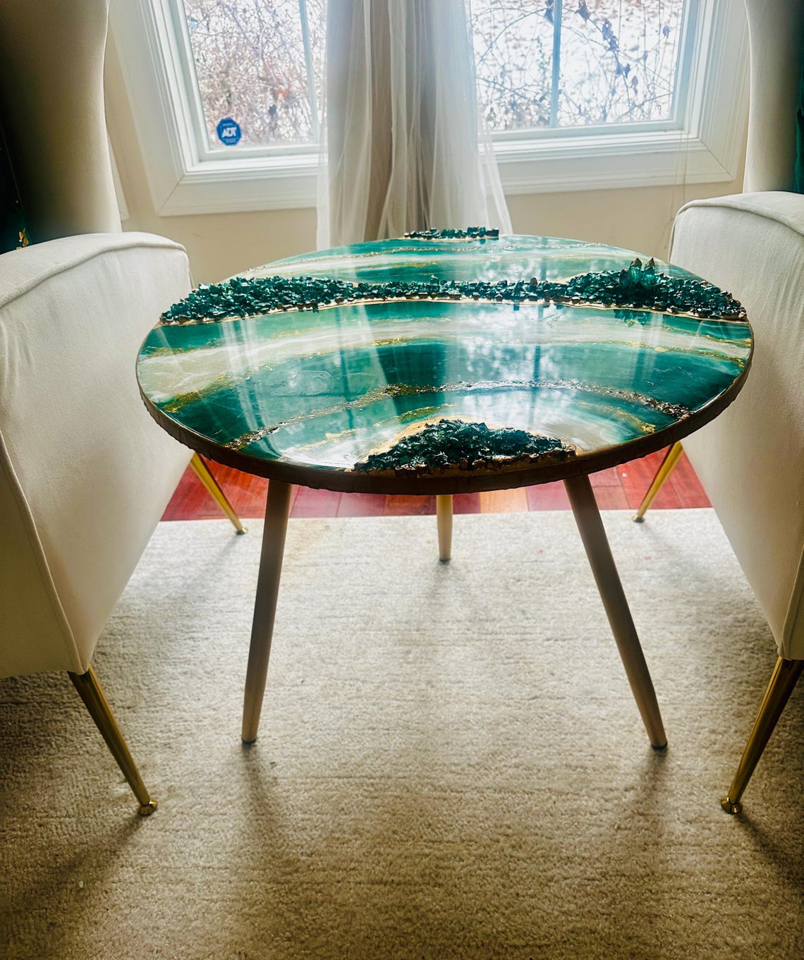 Handmade Emerald Green Resin Agate Table - Gold Legs, Modern Accent - Etsy