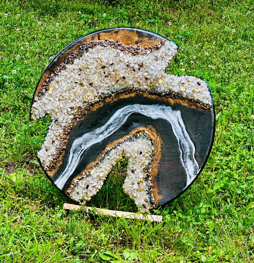 Black Geode Resin Art With Crystals & Tiger Eye — Handmade Quartz Geode ...