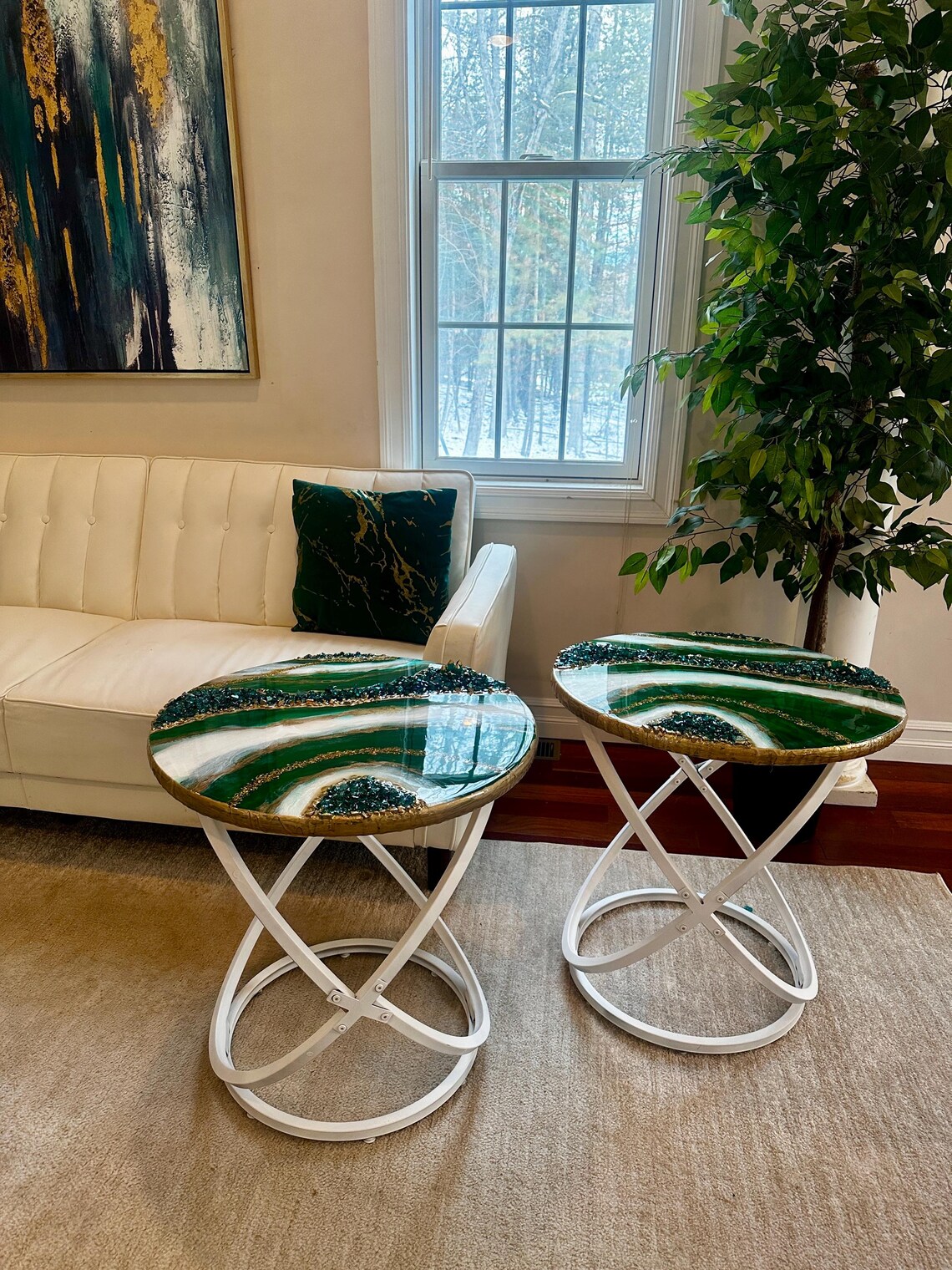 Handmade Emerald Green Resin Agate Table - Gold Legs, Modern Accent - Etsy