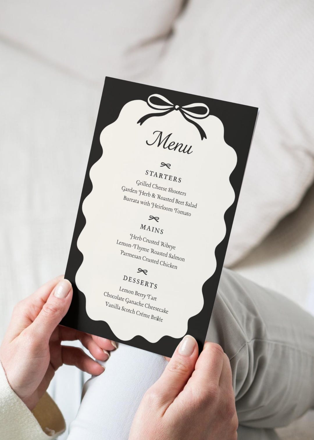 Bow Wedding Menu Template • Elegant Black and White Dinner Menu ...