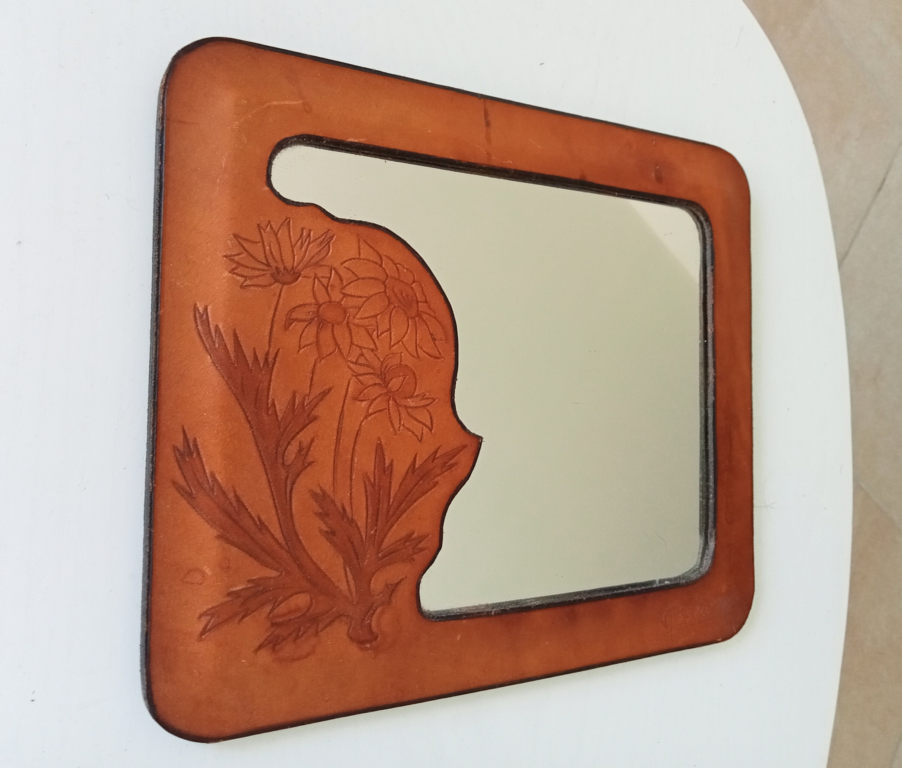 Small Vintage Mirror From the 70s in Wood and Leather, Small Vintage ...