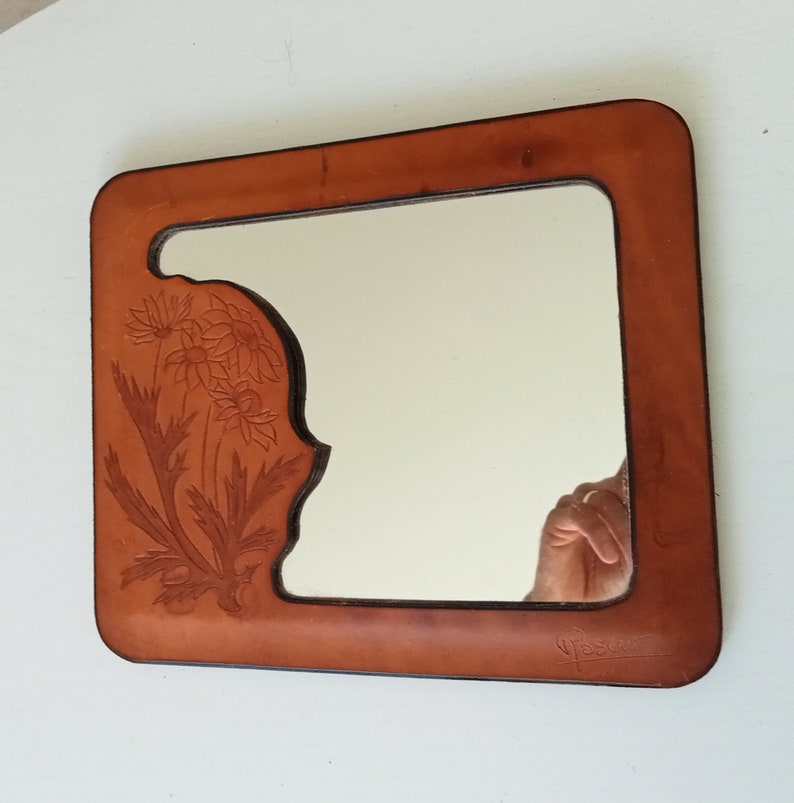 Small Vintage Mirror From the 70s in Wood and Leather, Small Vintage ...