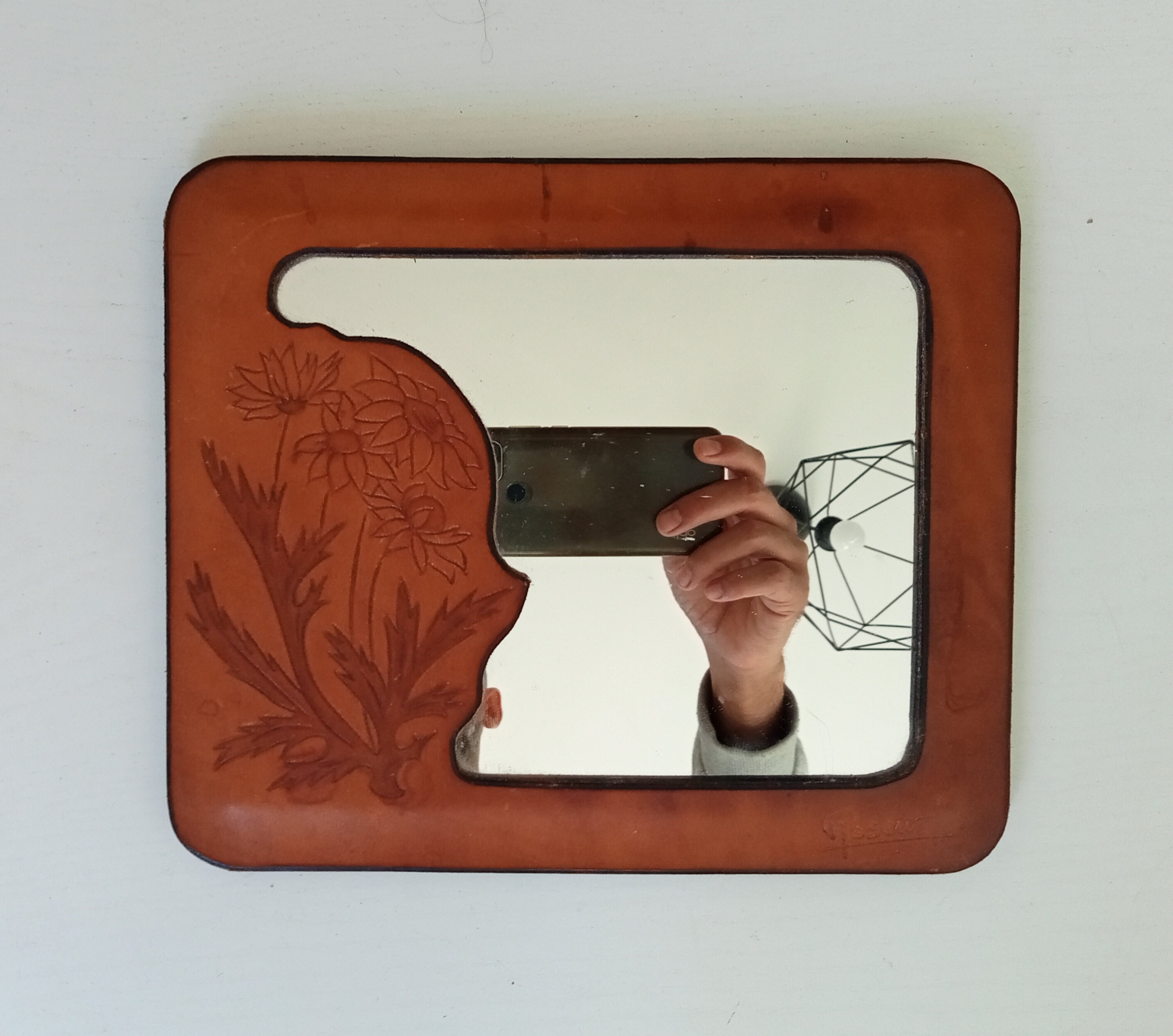 Small Vintage Mirror From the 70s in Wood and Leather, Small Vintage ...