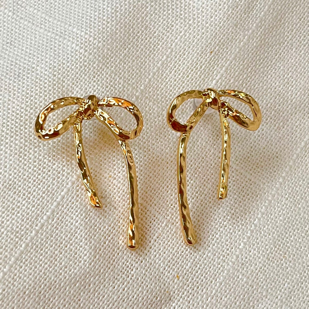 14K Gold Plated Bow Earring Dangle Gold Bow Earrings, Bow Jewelry, Silver Bow Earrings, Bow ...