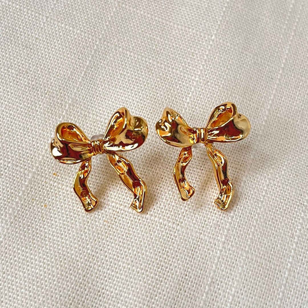 18K Gold Plated Bow Earring Studs, Gold Bow Earrings, Bow Jewelry, Gold Bow Jewelry, Bow ...