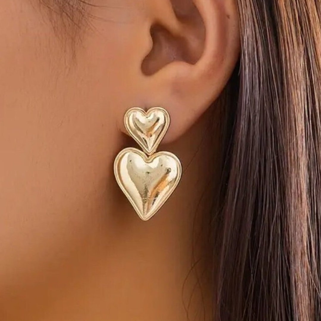 18k Gold Plated Double Heart Drop Earrings, Gold Heart Drop Earrings ...