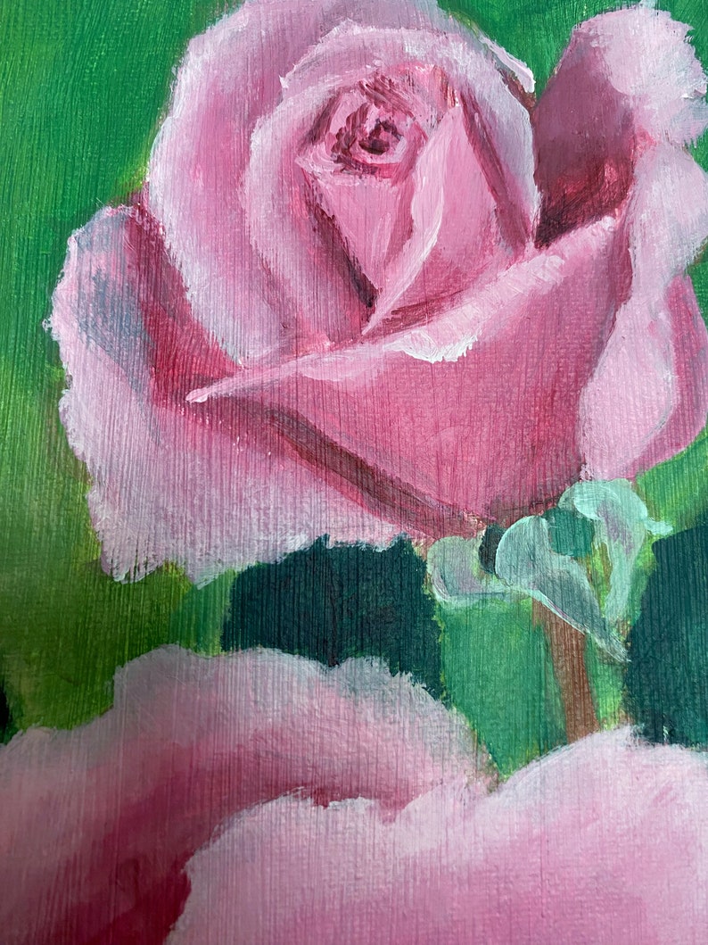 Gentle Embrace, Small Acrylic Painting of Two Pink Roses With Green ...