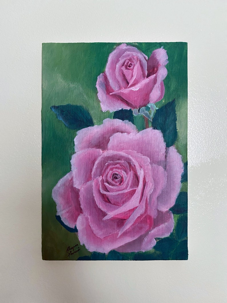 Gentle Embrace, Small Acrylic Painting of Two Pink Roses With Green ...