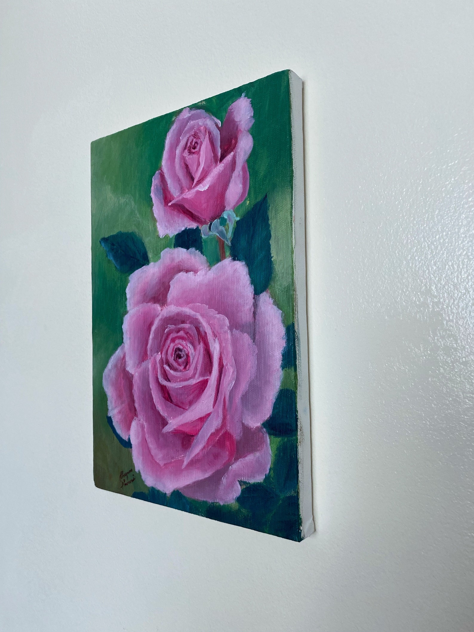 Gentle Embrace, Small Acrylic Painting of Two Pink Roses With Green ...