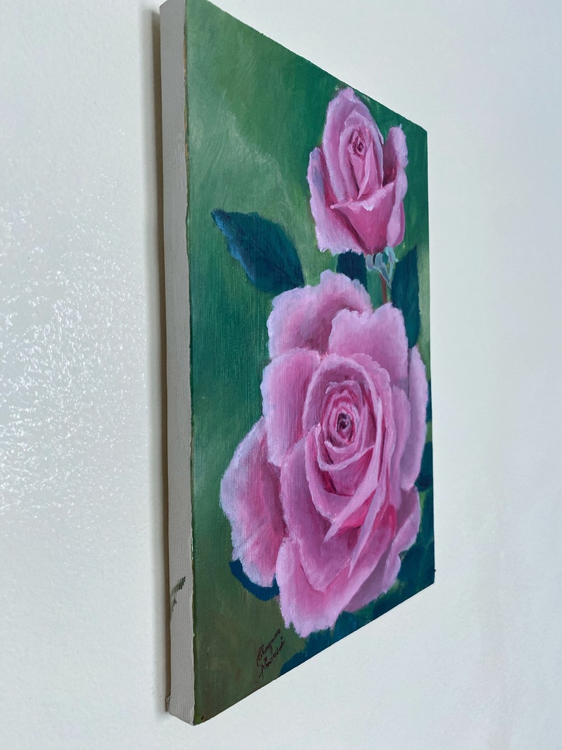 Gentle Embrace, Small Acrylic Painting of Two Pink Roses With Green ...