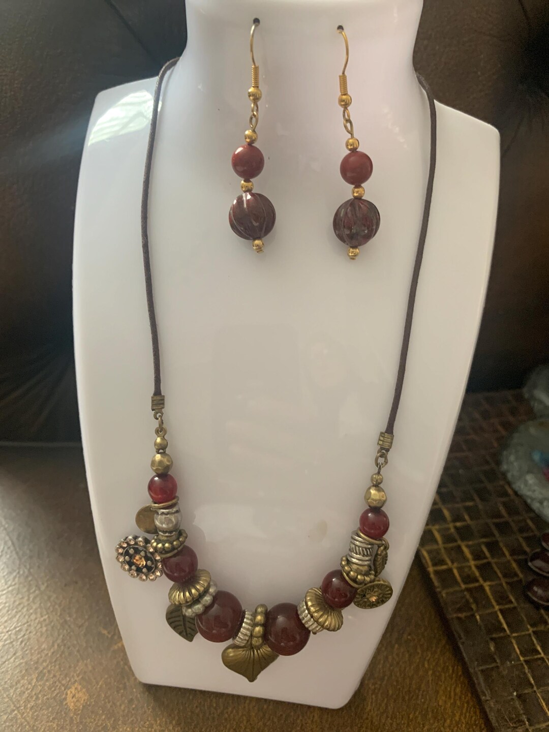 Beautiful Copper Red Claret Wine Burgundy Silver Bracelet and Matching ...