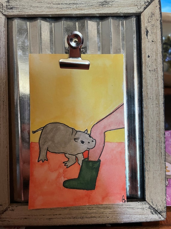 Baby Hippo Biting Leg 4x3 Watercolor Mini Painting - Etsy