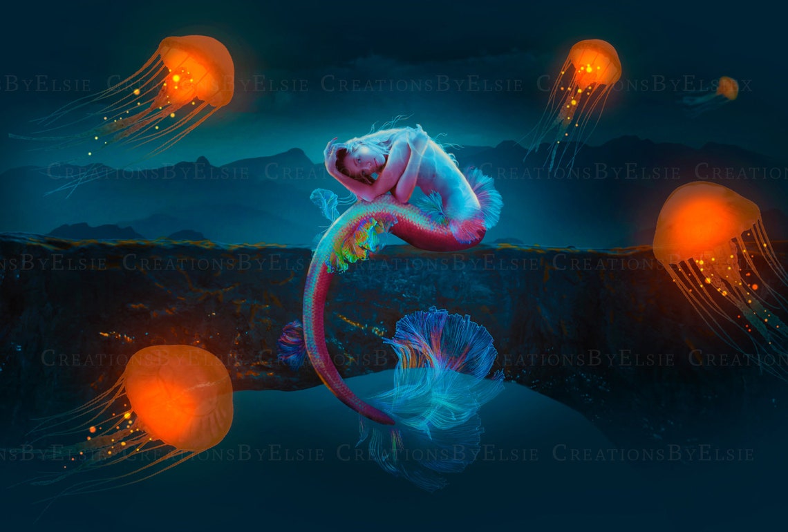 Dreamy Mermaid With Glowing Jellyfish Digital Art. Printable Download ...