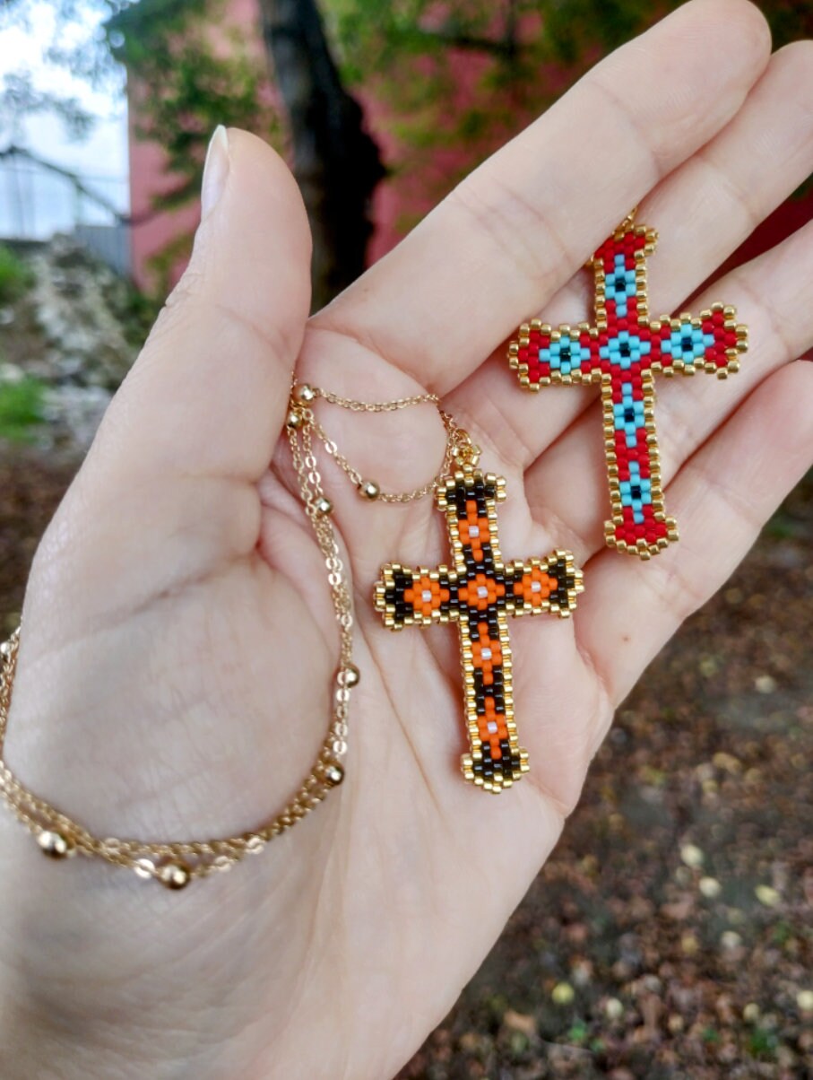 Beaded Cross Necklace Stainless Steel Cross Necklace Gold - Etsy