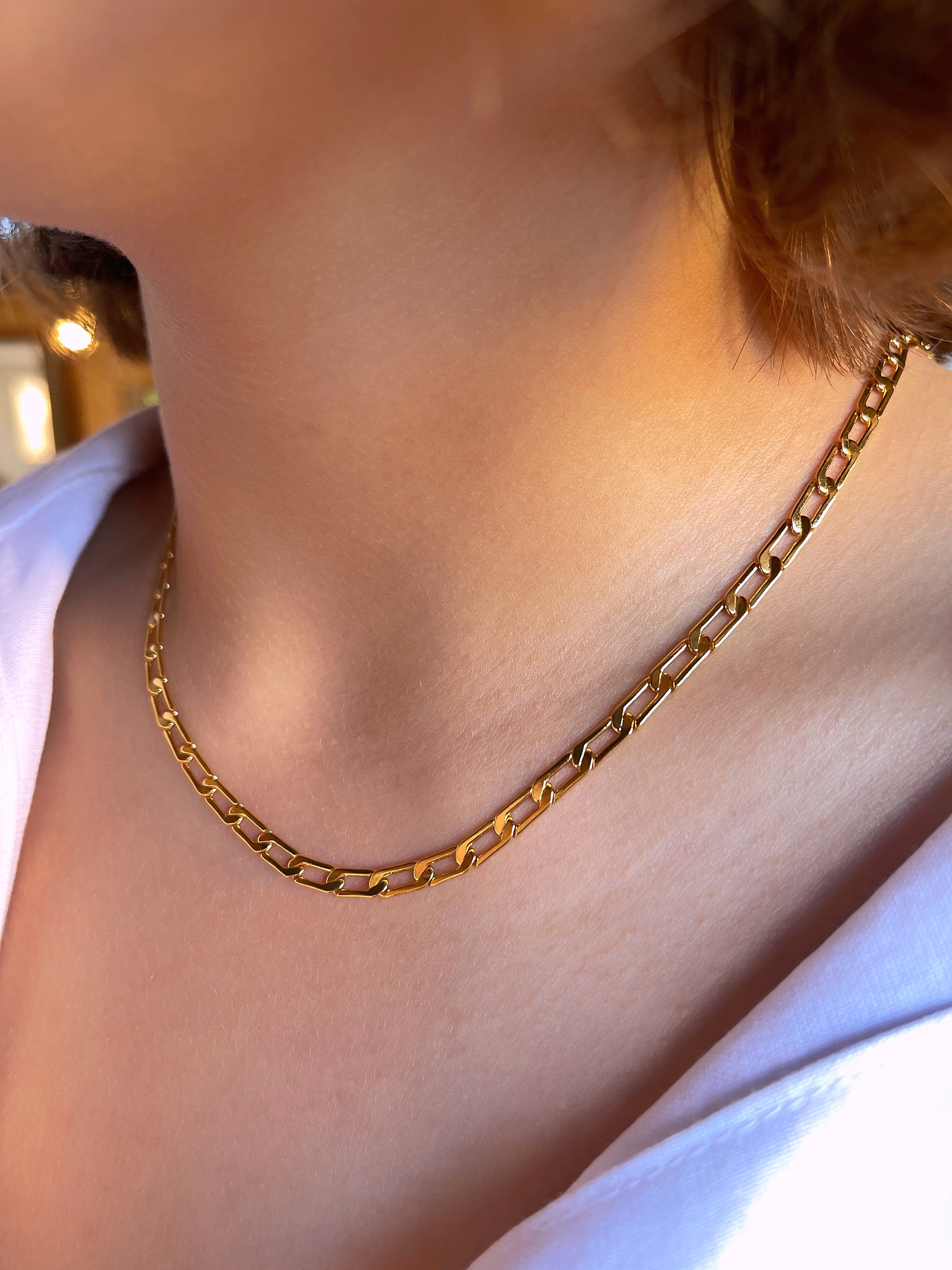 18k Gold-filled Elegant Staple Chain Solid Link Necklace Thick Gold ...