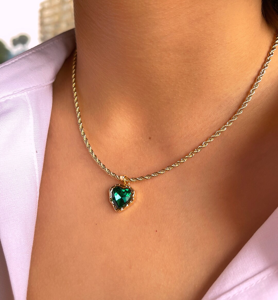 18K Gold • Green Heart Necklace • Rope Chain • Green Zirconia Heart ...