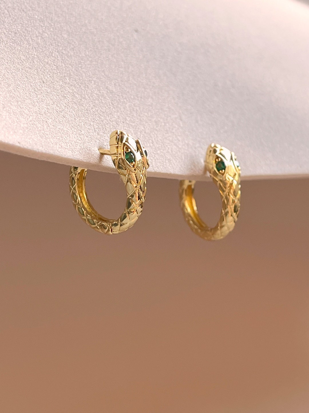 18k Gold-plated • Serpent Huggie Hoops With Green Zirconia Eyes • Brass ...