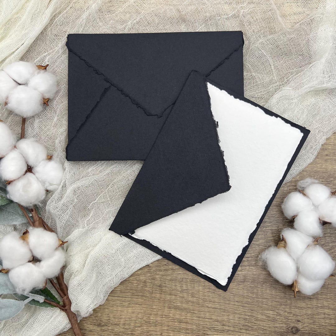 Black Cotton Paper Wedding Invitation Set – Handmade Deckle Edge - Etsy UK