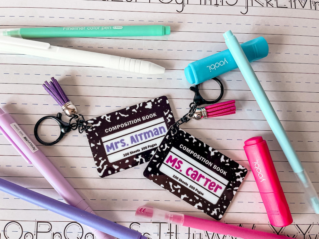 Personalized Teacher Keychain Composition Notebook Theme Double Sided ...
