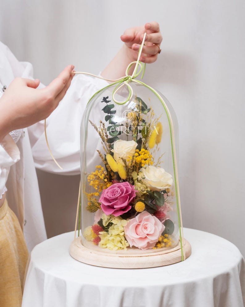 Gift for Wife, Preserved Flower Dome – Handmade Glass Dome Arrangement ...