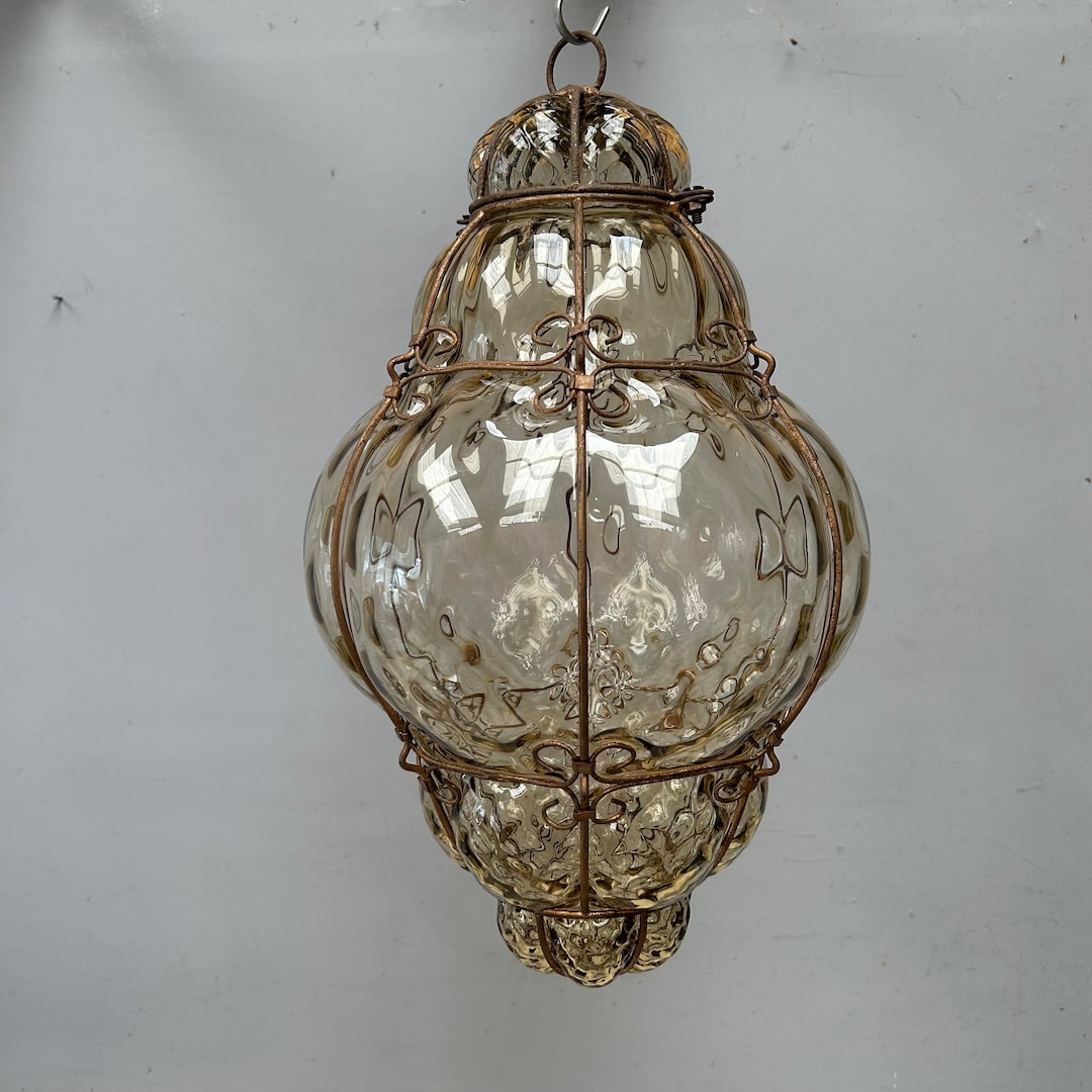 17” Extra Large Giant Murano Blown Glass Caged Lantern Gold Cage Seguso ...