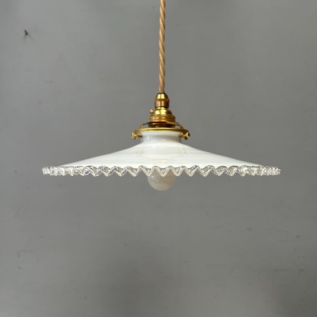 Rare Delicate Frilly Vintage French White Opaline Glass Lampshade Hand ...