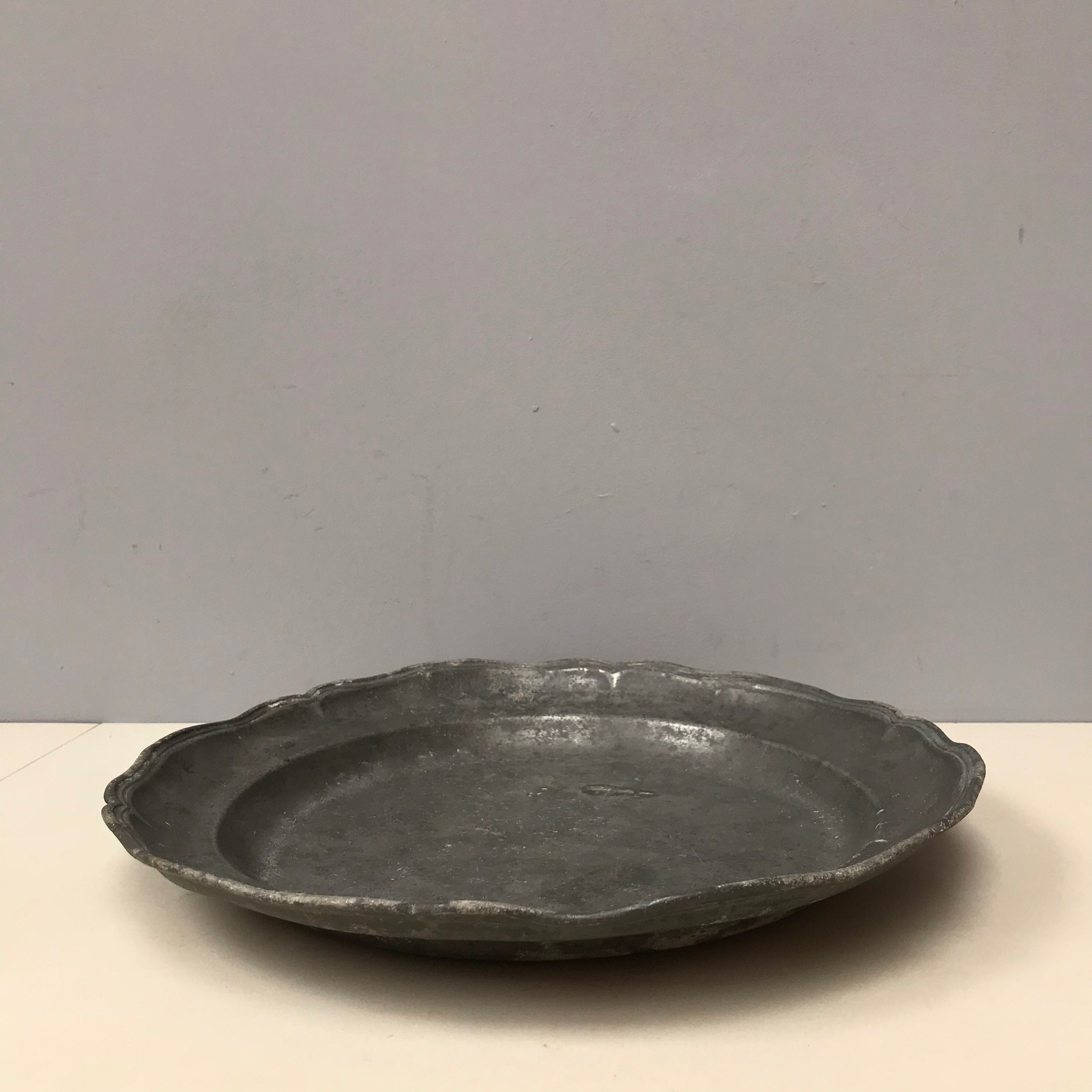 Large 14” Ancient French Pewter Platter. Heavy Thick Primitive Metal ...