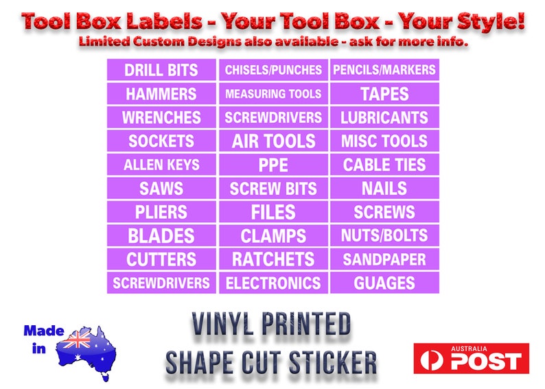 TOOLBOX LABELS Garage Tools Workshop Labels X 30 FREE Post! Choose Your ...