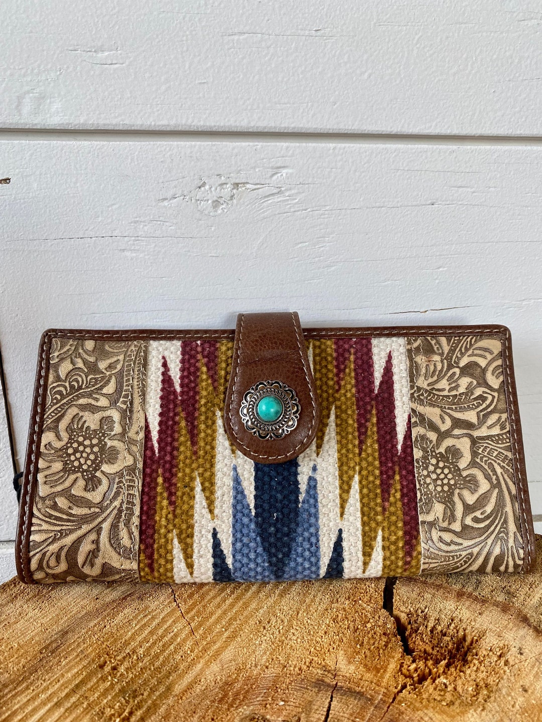 Genuine Leather and Upcycled Rug Wallet, Southwestern Design, Western ...