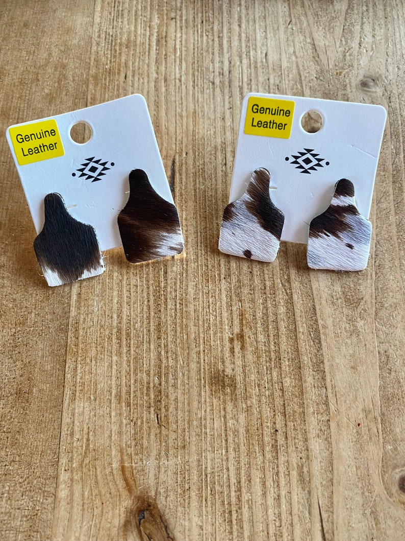 Genuine Leather Cowhide Cattle Tag Stud Earrings Hair on Hide - Etsy