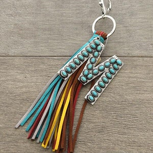 Western Initial Monogram Pendant Key Chain, Suede Leather Tassels ...
