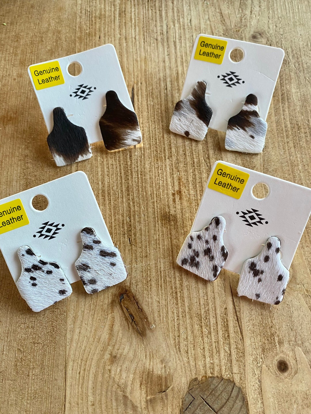 Genuine Leather Cowhide Cattle Tag Stud Earrings, Hair on Hide Ear Tag ...