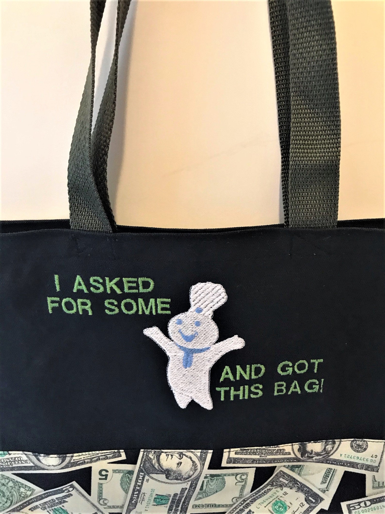Embroidered Novelty Money Tote Bag with Dough Character | Etsy