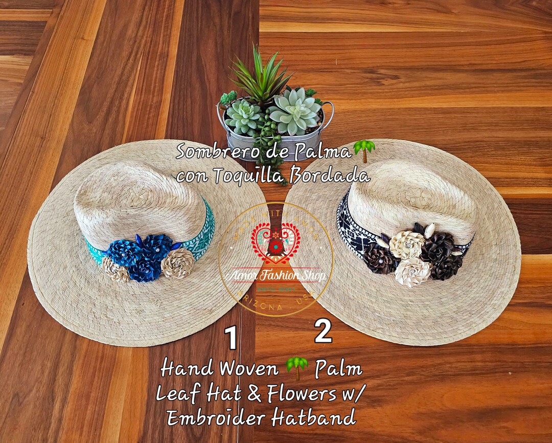 Modern Palm Leaf Hand Woven Hats With Flowers and Embroidere Hatband ...