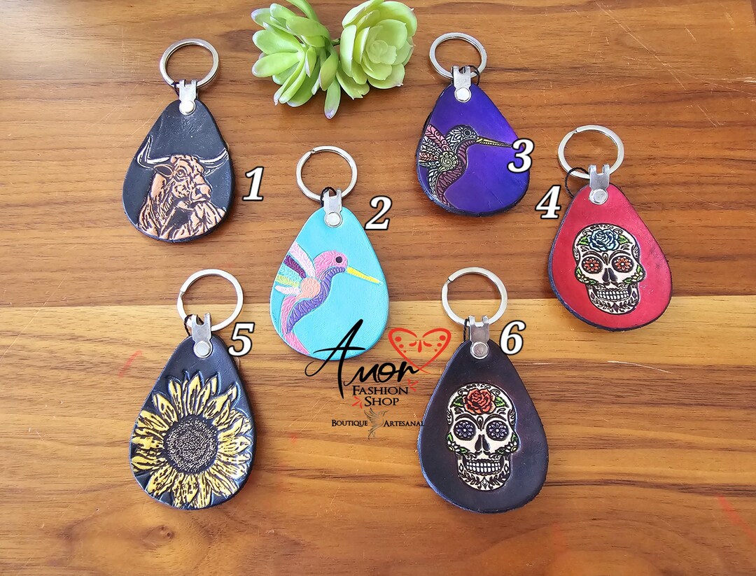 Mexican Chisselled Jand Painted Leather Keychains - Etsy
