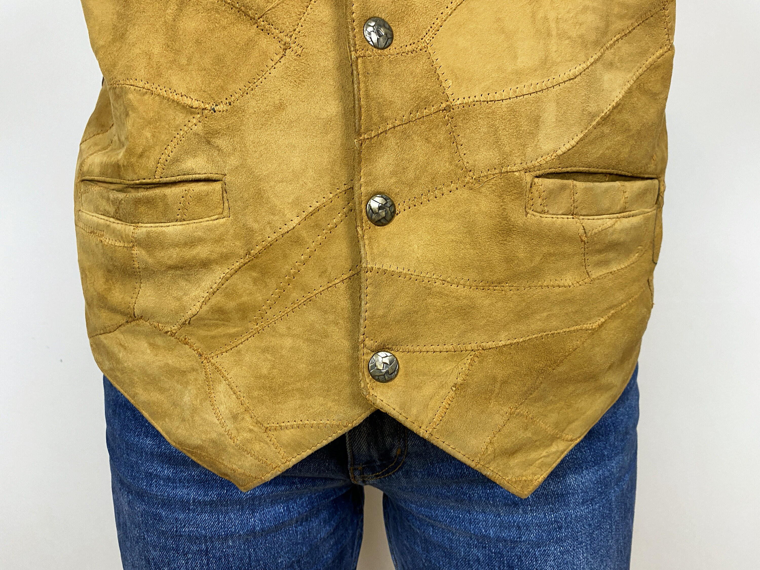 Vintage Suede Leather Patchwork Vest Boho Suede Vest 80s Mustard Yellow ...