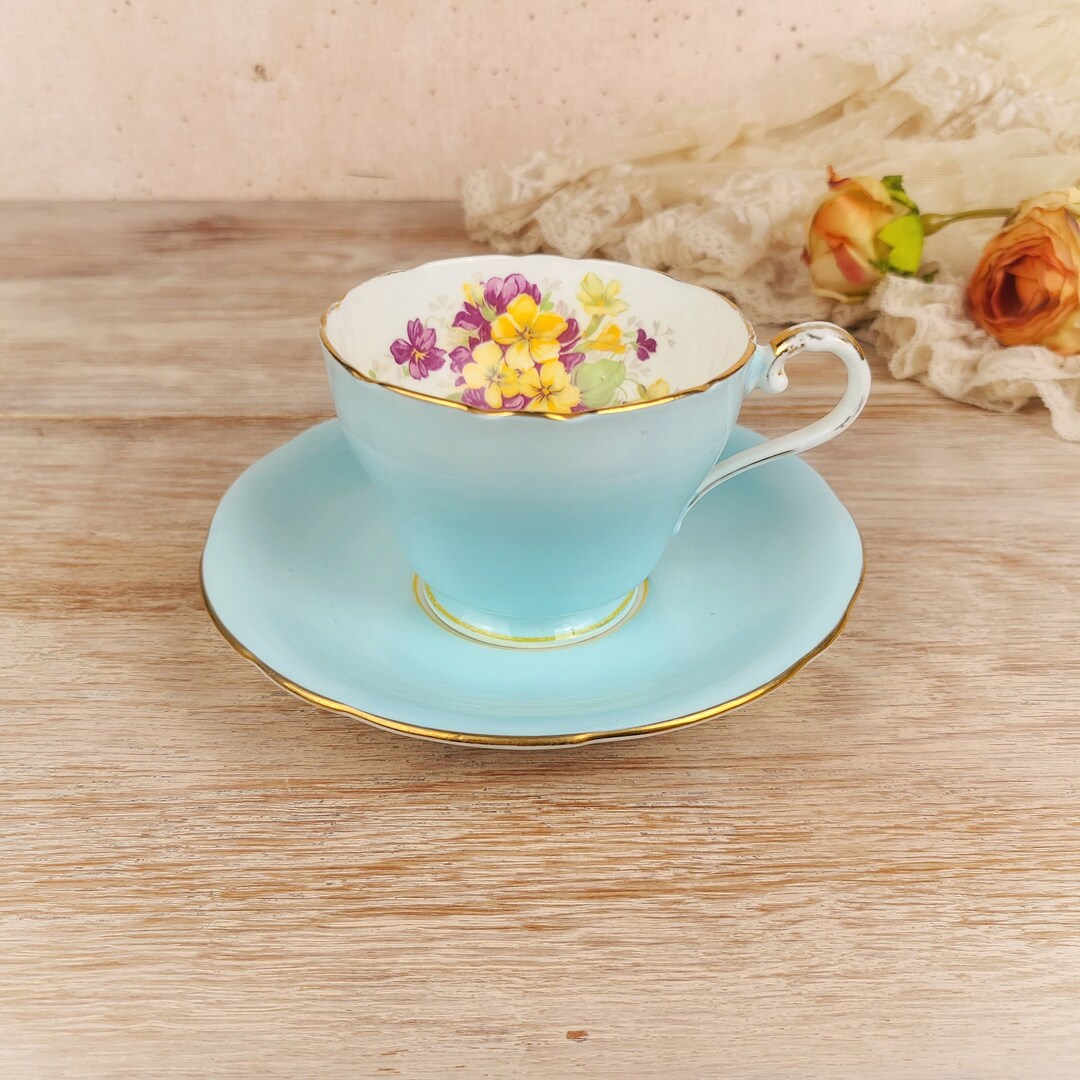Aynsley Tea Cup Set, Fine Bone China, Pale Blue, Vintage Floral Decor, Made in England, Great ...