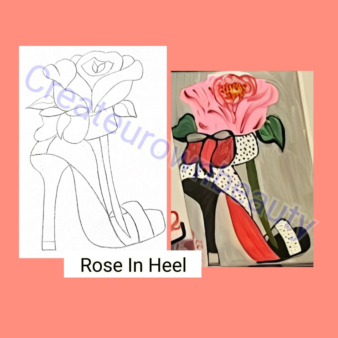 Sip and Paint, High Heels, Roses Canvas Painting, Pre Drawn Canvas for ...