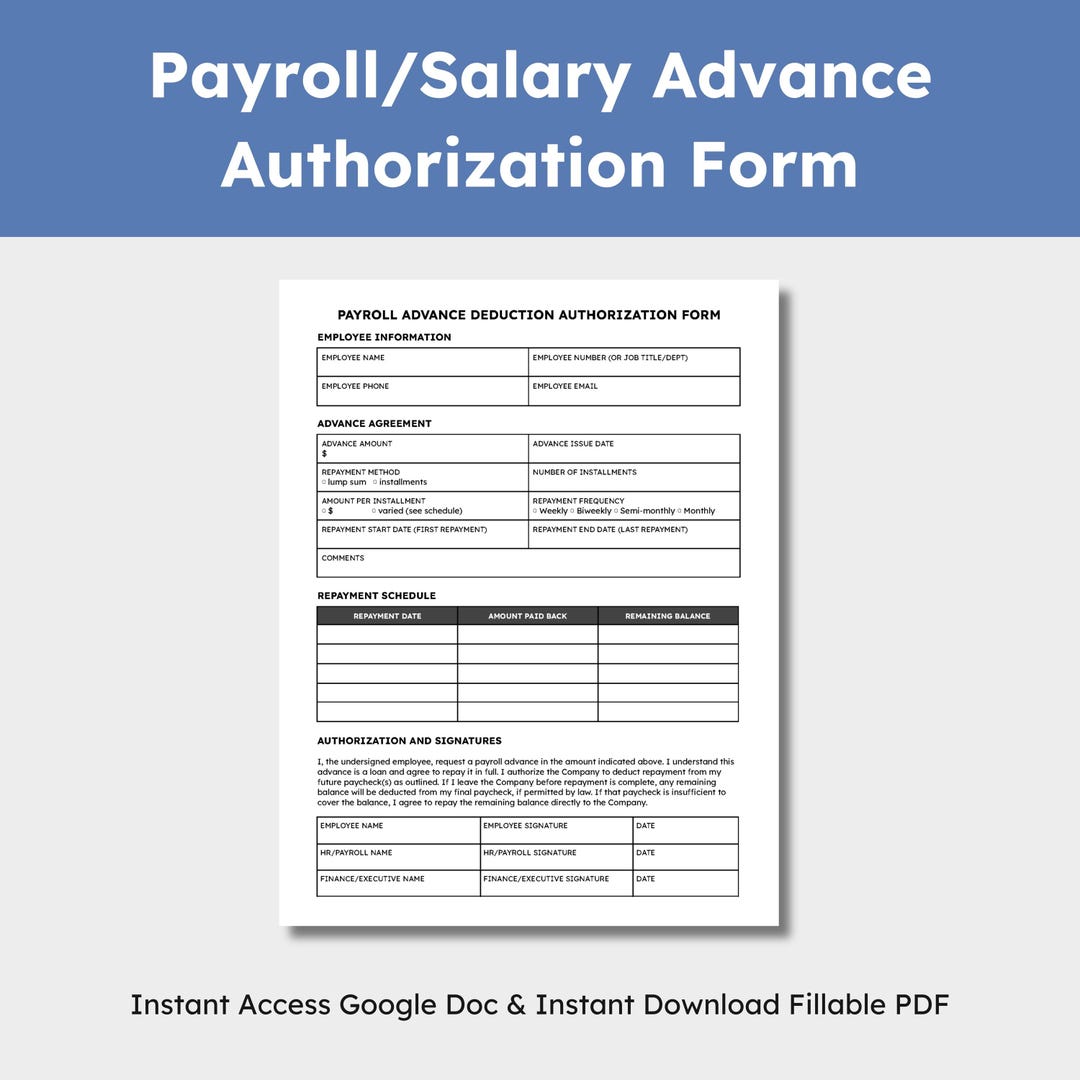 Payroll Advance Authorization Form | Salary Loan Deduction Agreement | Instant Access Google Doc ...