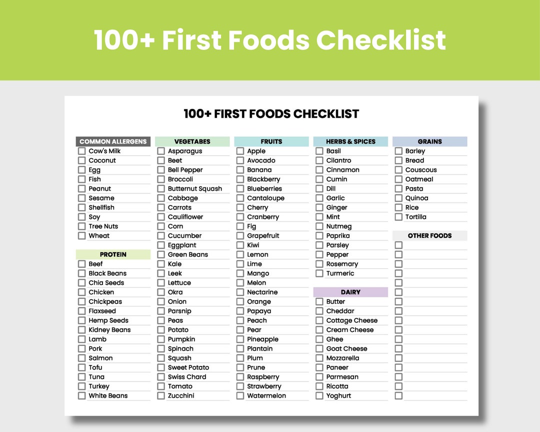 100 First Foods Checklist Baby's First Foods Log Baby - Etsy