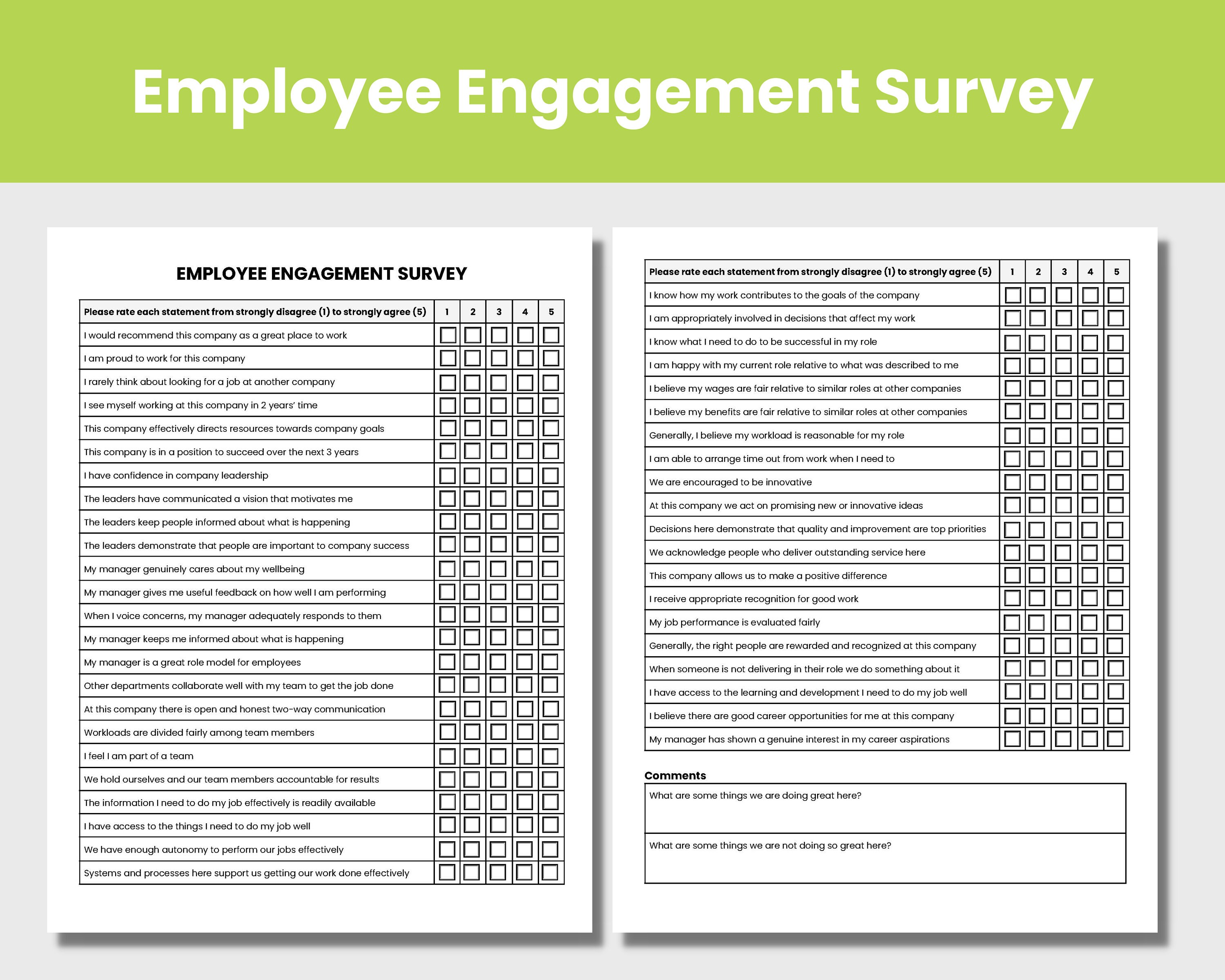 Employee Engagement Survey Instant Access Google Doc & Fillable PDF ...
