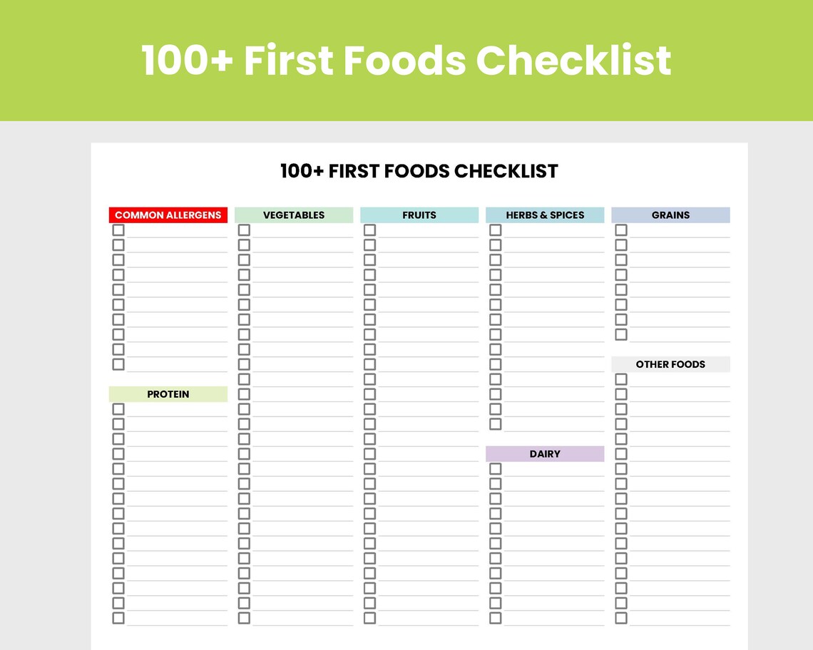 100+ First Foods Checklist | Baby's First Foods Log | Baby Food Tracker ...