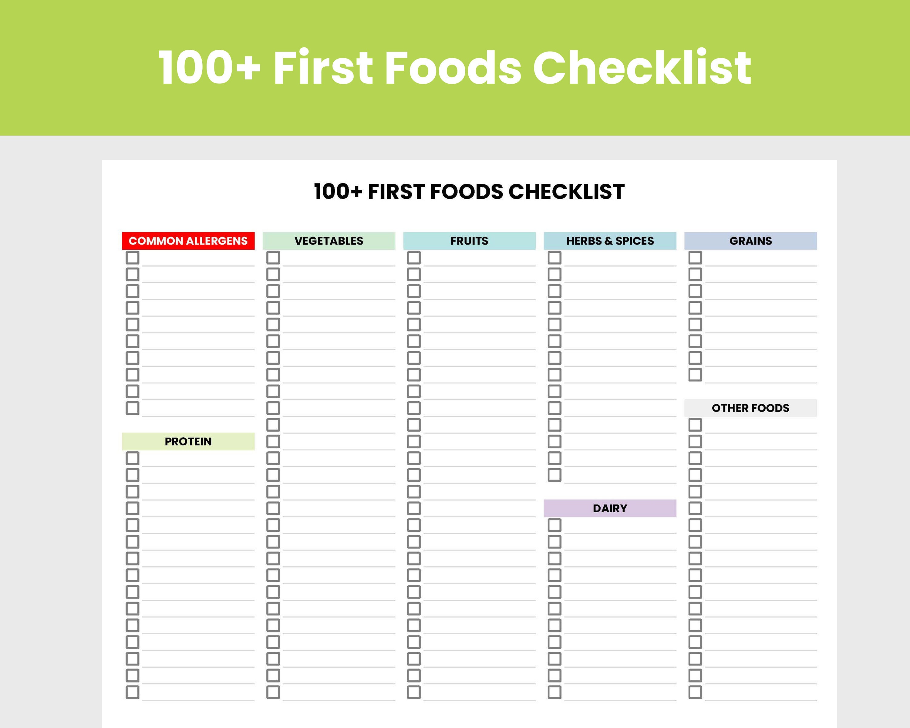 100+ First Foods Checklist | Baby's First Foods Log | Baby Food Tracker ...
