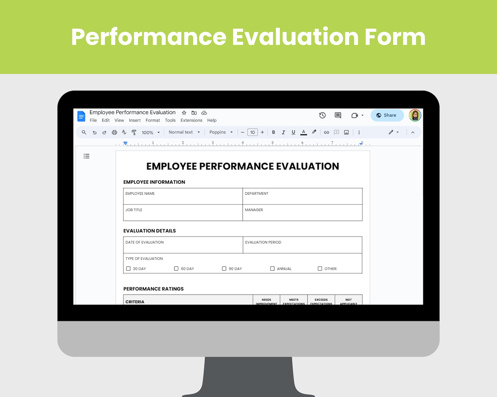 Performance Review Form: Employee Evaluation Google Doc Template (US ...