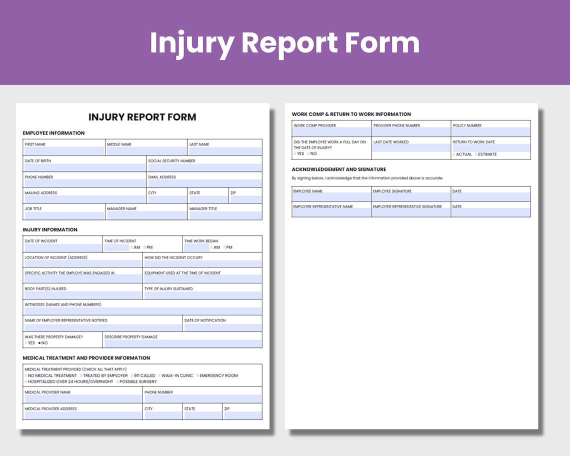 Injury Report Form | Google Doc and Fillable PDF | Accident Report Form ...