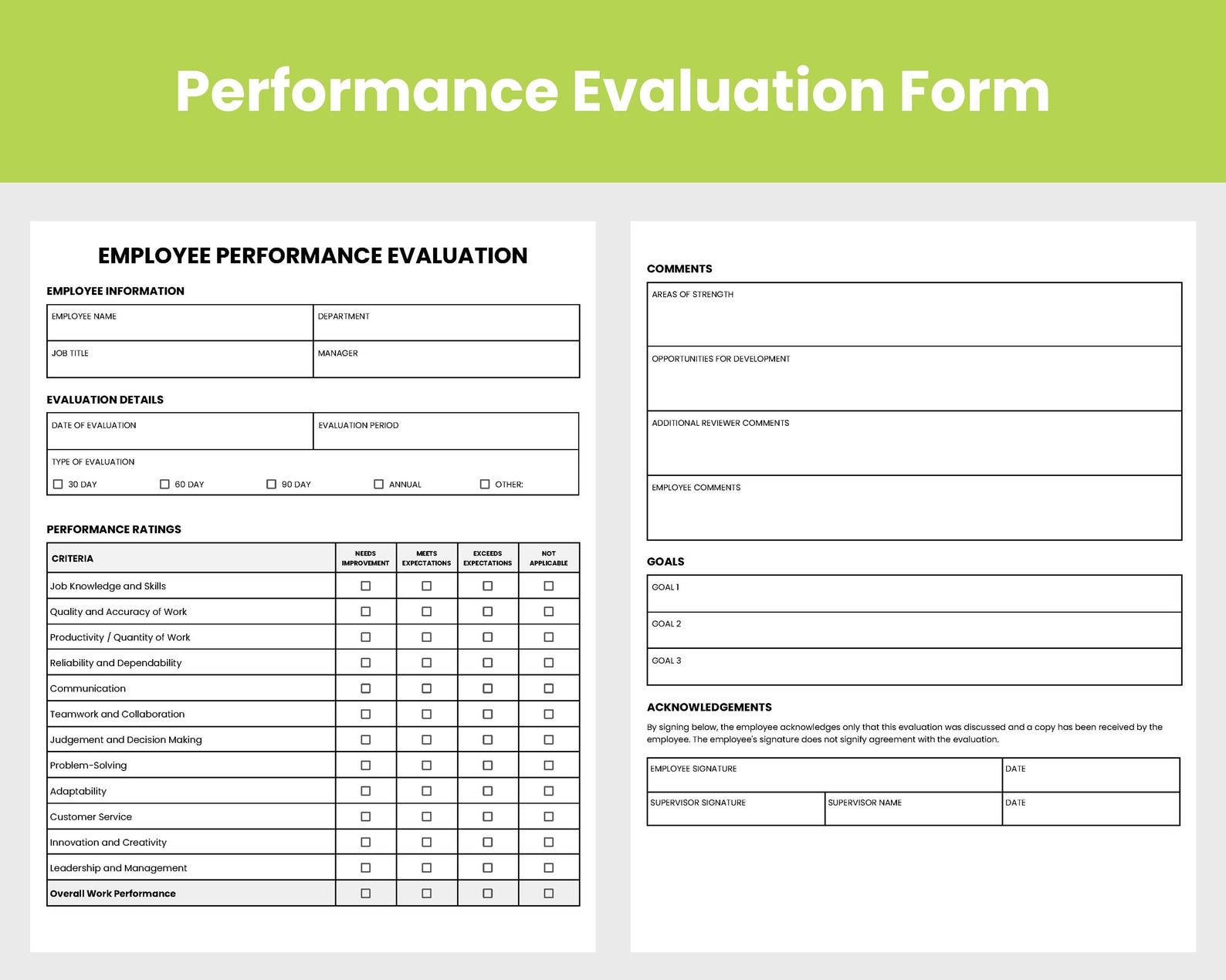 Performance Review Form: Employee Evaluation Google Doc Template (US ...