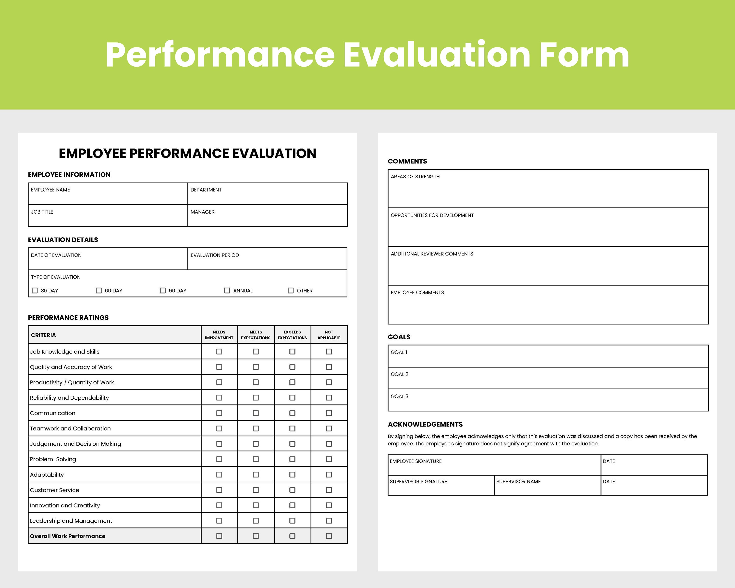 Performance Evaluation Form | Performance Review Form | Google Doc ... Performance Evaluation Form | Performance Review Form | Google Doc ...