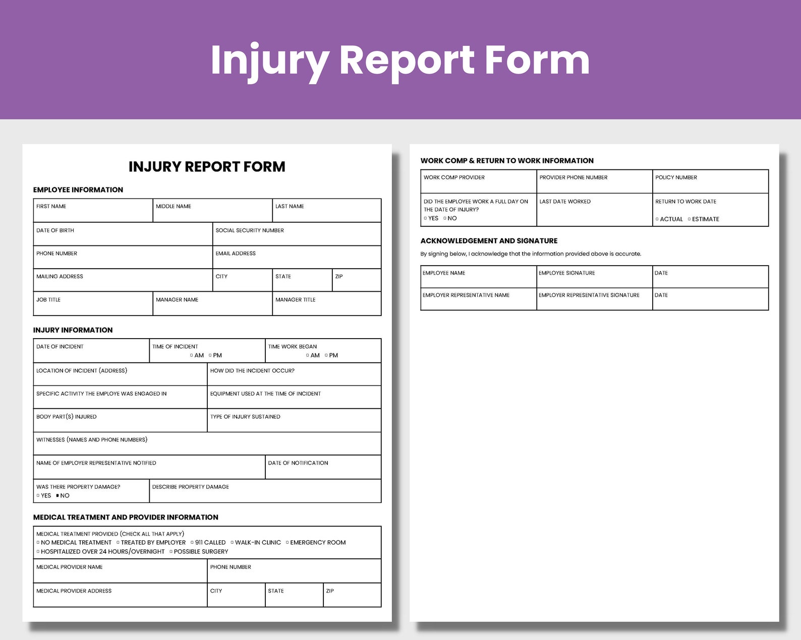Injury Report Form | Google Doc and Fillable PDF | Accident Report Form ...