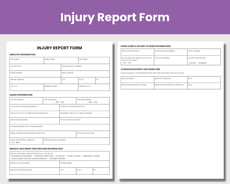 Injury Report Form | Google Doc and Fillable PDF | Accident Report Form ...